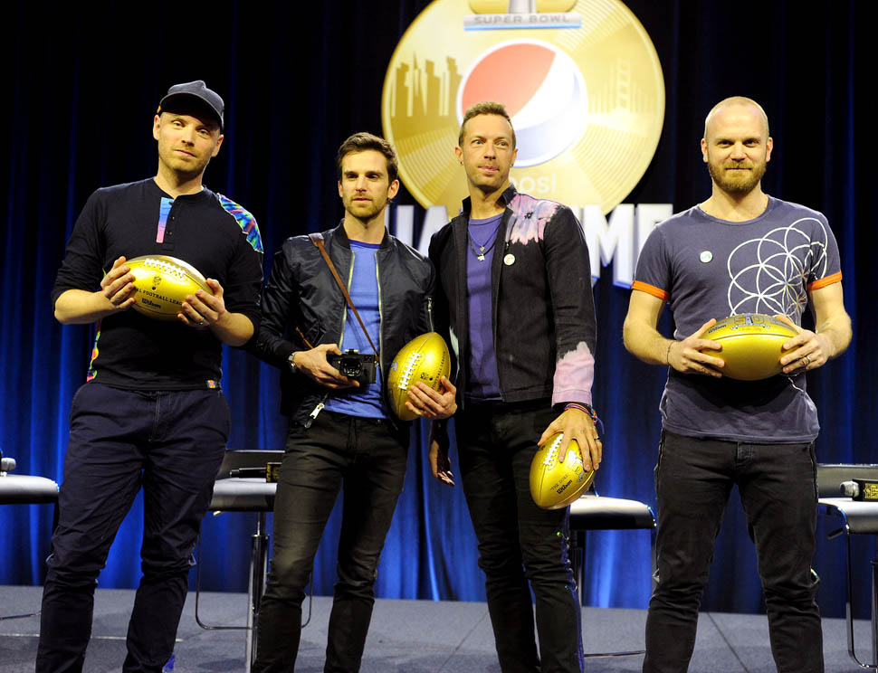 Chris Martin at Super Bowl halftime press conference with Coldplay as ...
