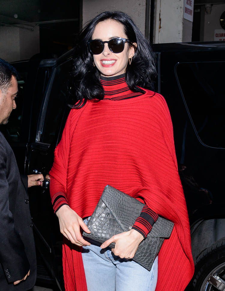 Krysten Ritter ins a red cape at SiriusXM Studios|Lainey Gossip Lifestyle